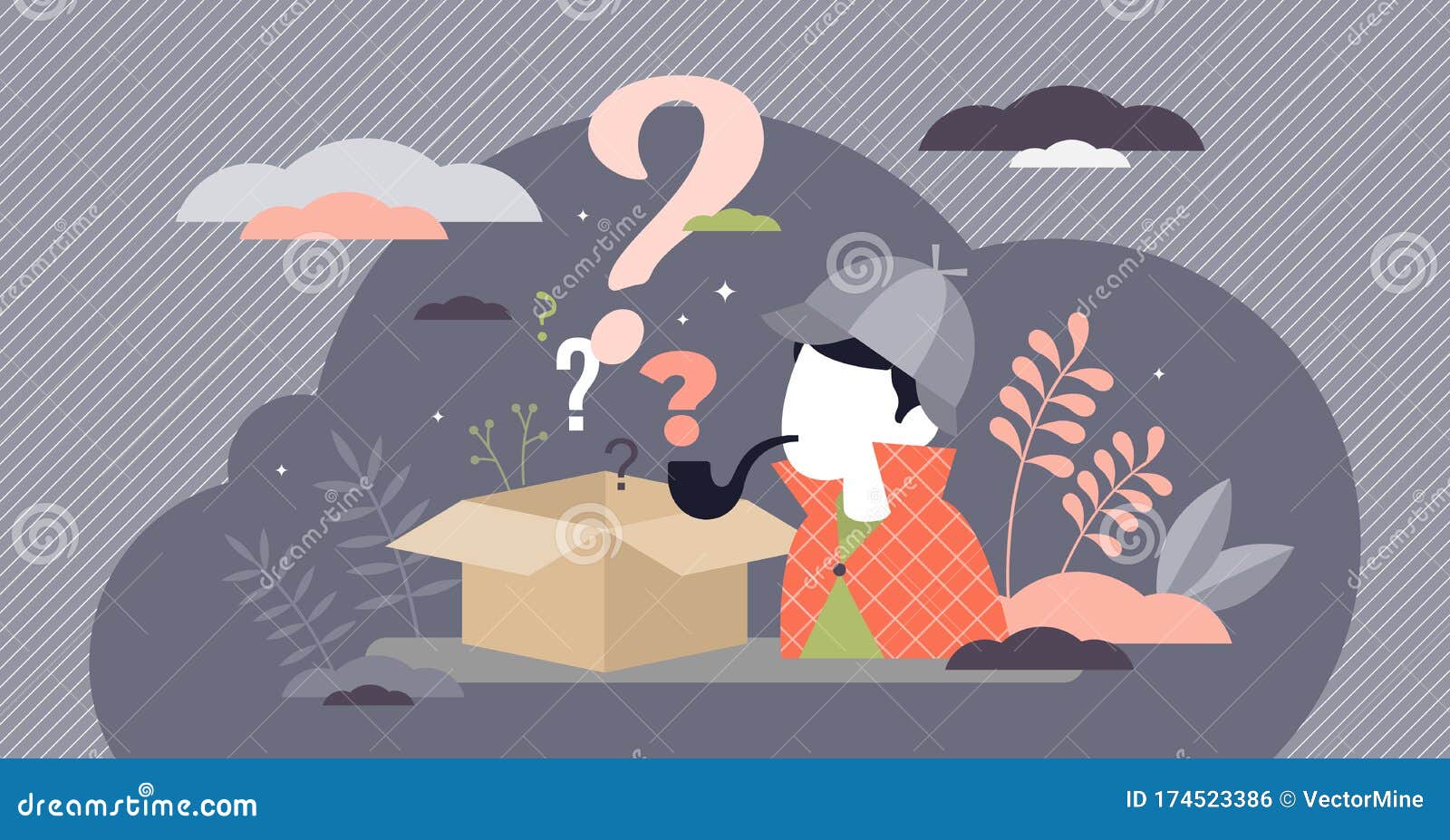 Illustration Of Detective Thinking With Big Question Mark Background ...