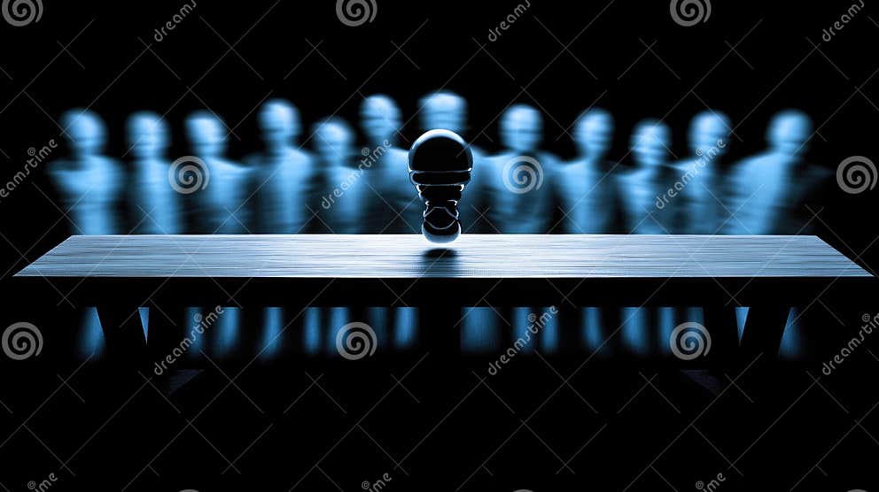 Mystery Figure at Infinite Table with Blurred Reflections in Blue Light ...