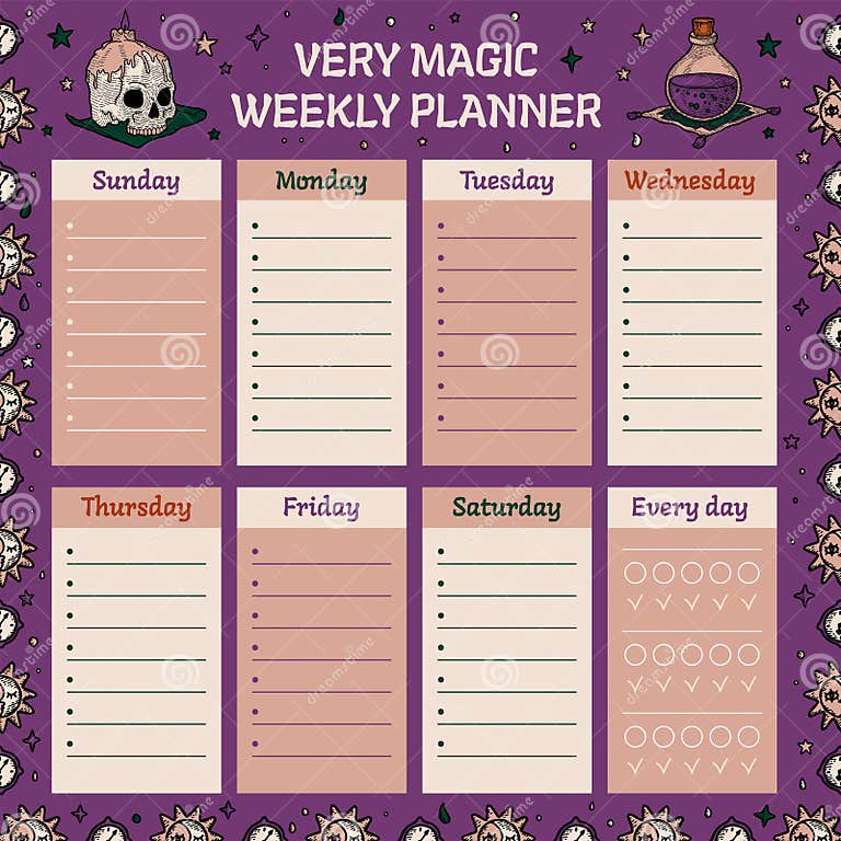 Mystery Magic Girl Weekly Task Planner. School Schedule on Week for ...
