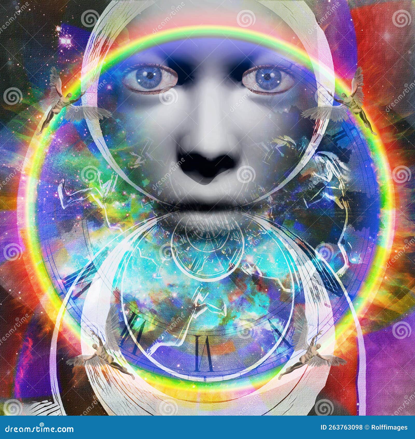 Mystic Face and Ancient Clock Stock Illustration - Illustration of ...