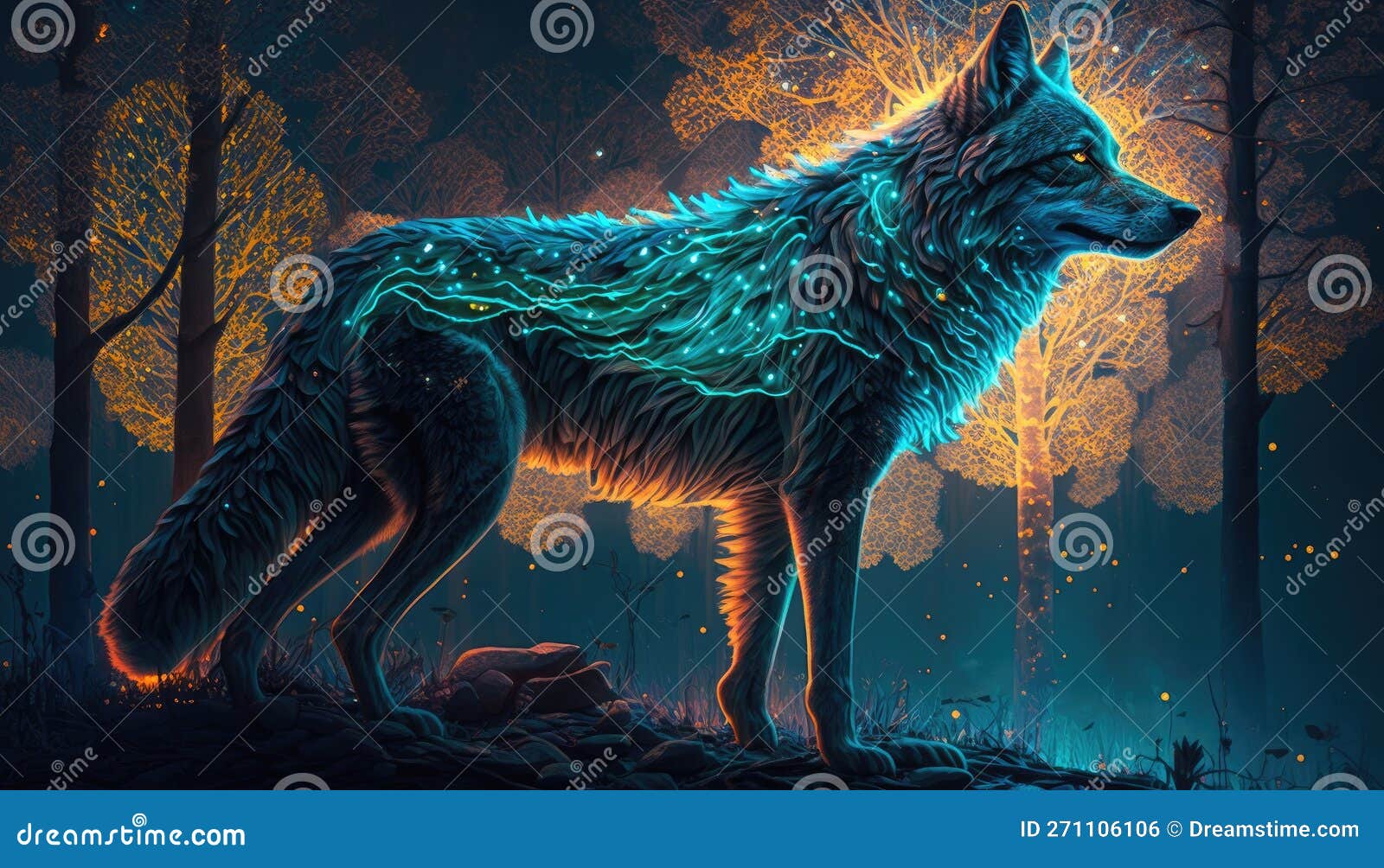 Magical Wolf In Space Light Swirl, Computer Graphic Collage. Stock ...