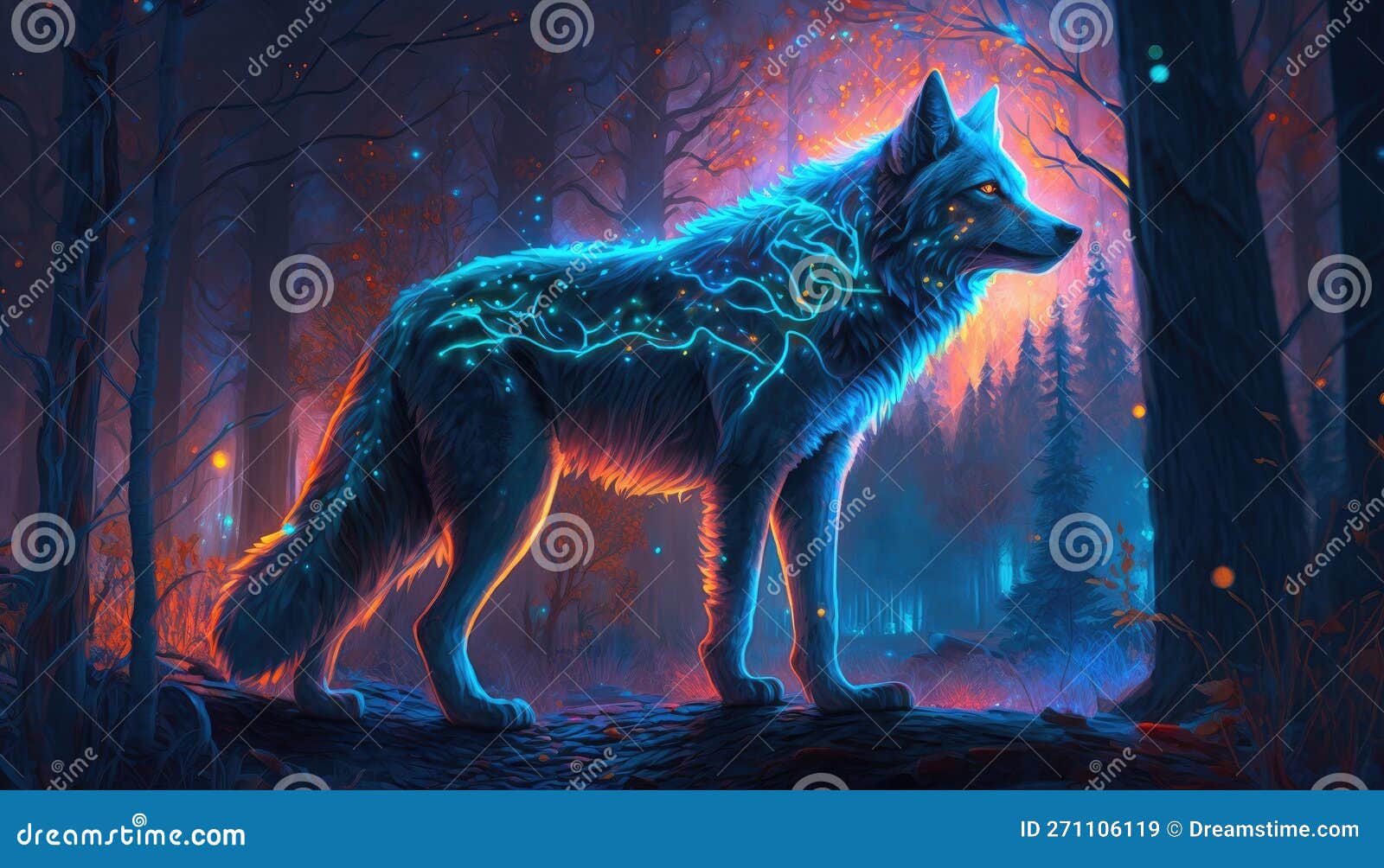 Mystic Fluorescent Fantasy: the Magical Wolf. Generative AI Stock ...