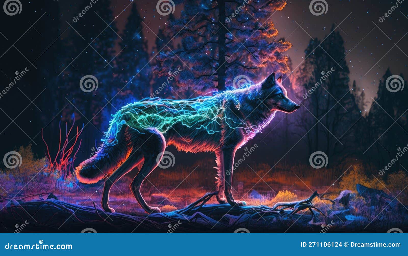 Mystic Fluorescent Fantasy: the Magical Wolf. Generative AI Stock ...