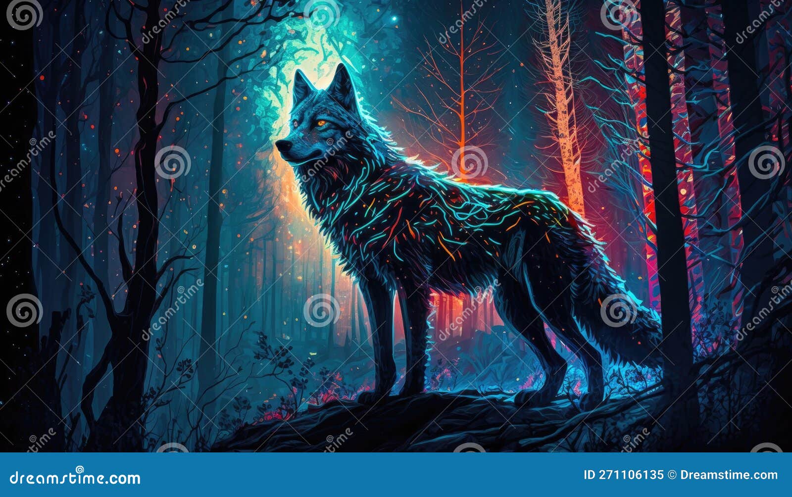 Magical Wolf In Space Light Swirl, Computer Graphic Collage. Stock ...