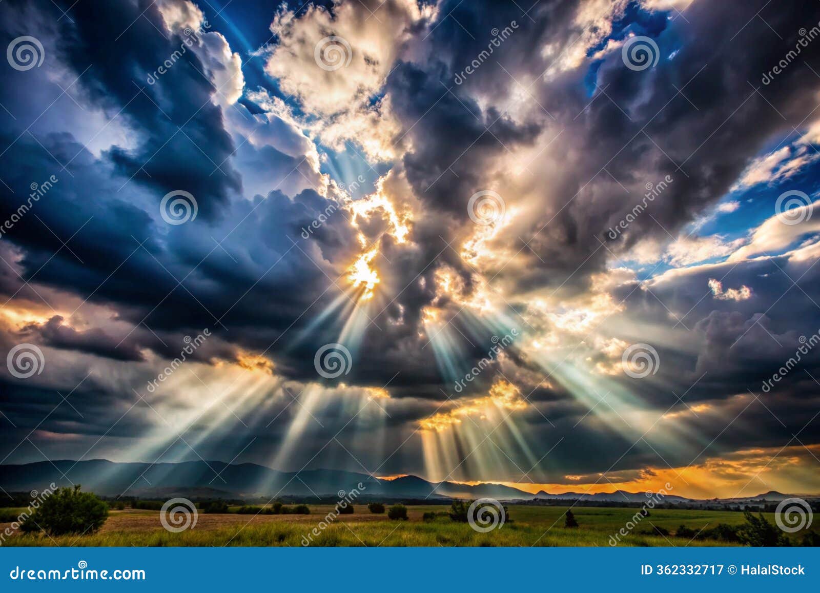 Mystic Sky with Sun Beams Shining through Dark Clouds Stock ...