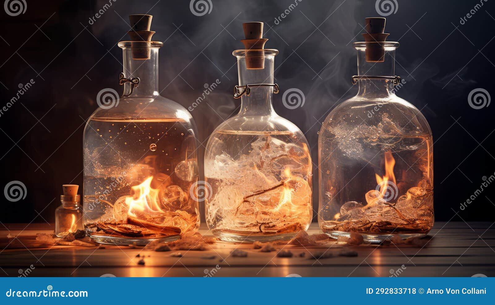 Mystical Alchemy: Three Bottles with Enigmatic Burning Elixirs Stock ...