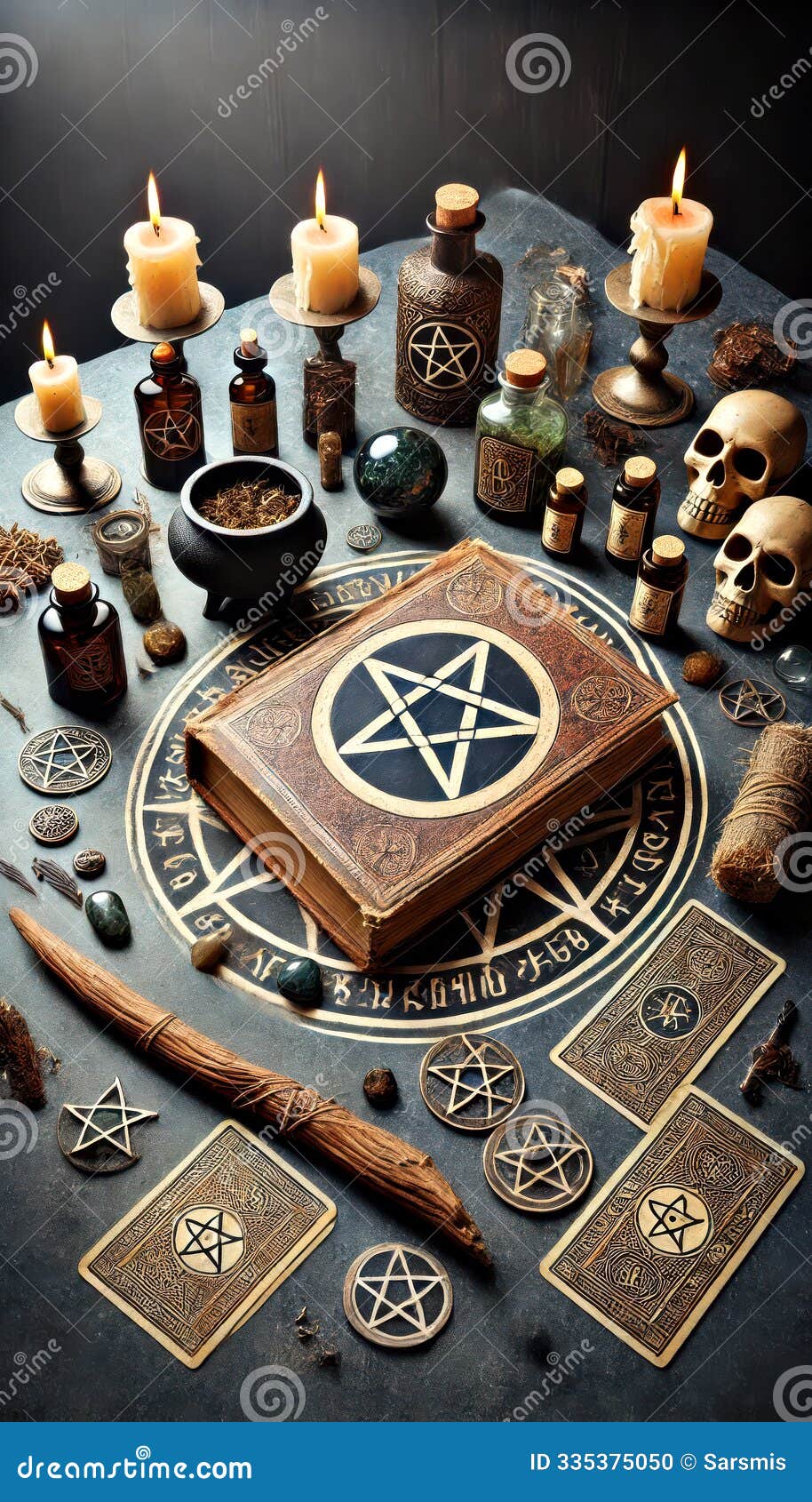 Mystical Altar with Ancient Spell Book, Pentagrams, and Magic Ritual ...