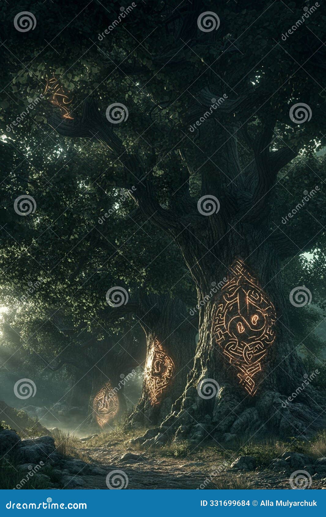 Mystical Ancient Trees with Glowing Runes in Enchanted Forest Stock ...