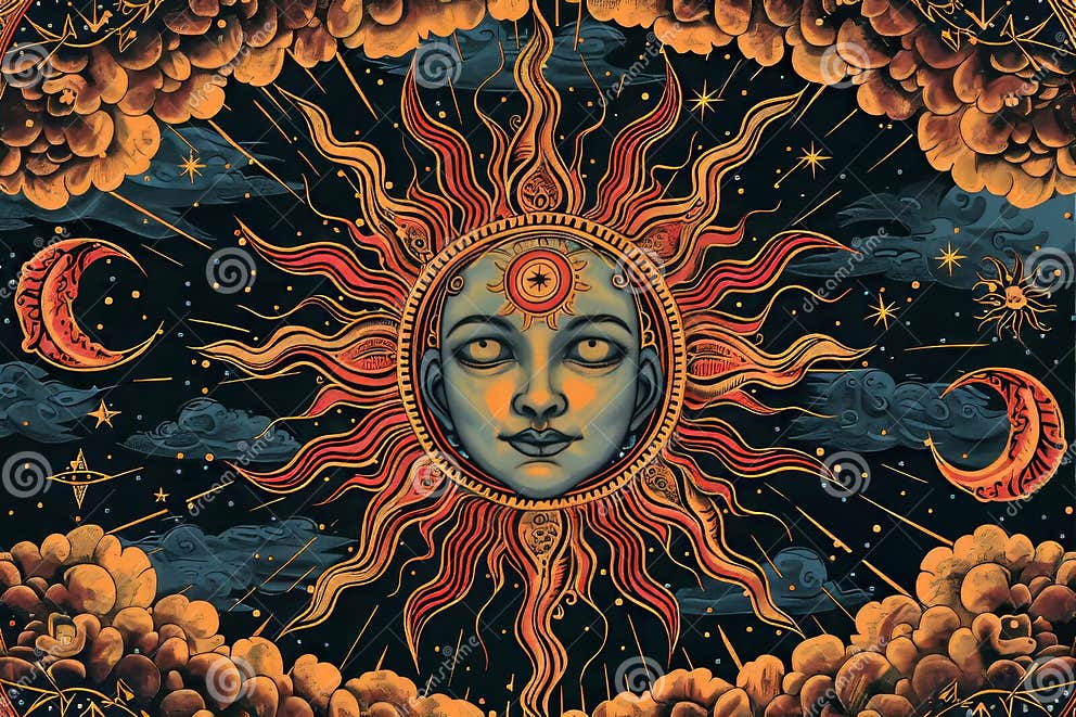 Mystical Astrological Banner Featuring Celestial Sun Face, Solar ...