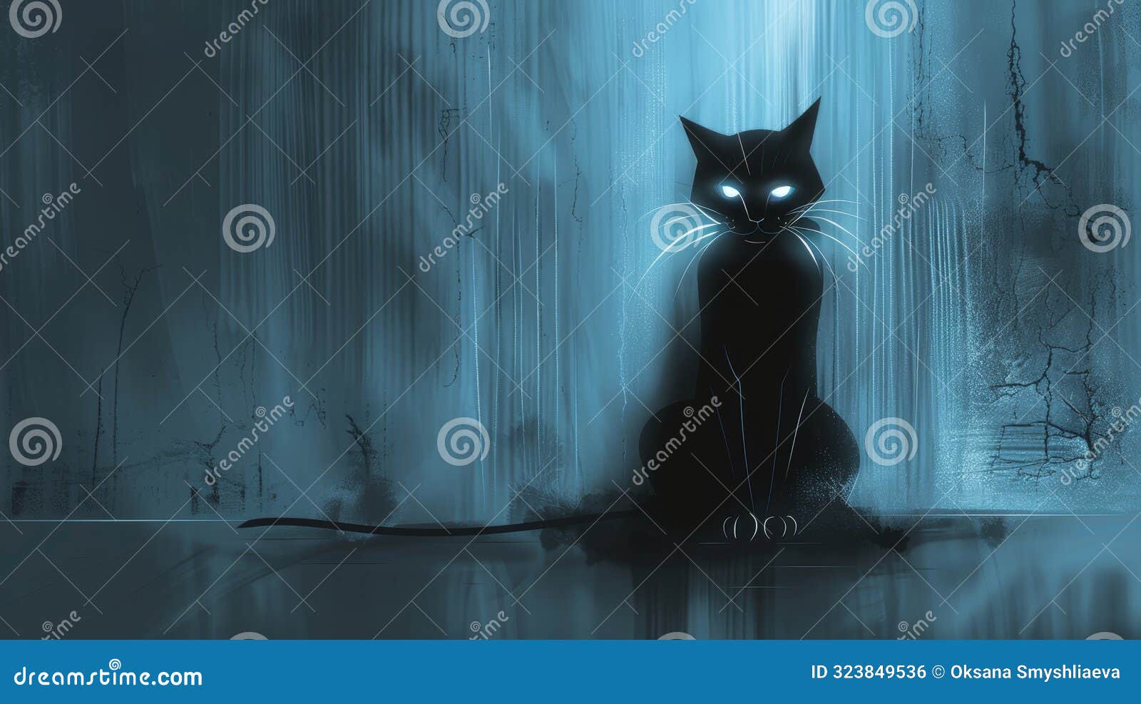 Mystical Black Cat in Blue Moonlight Illustration Stock Illustration ...