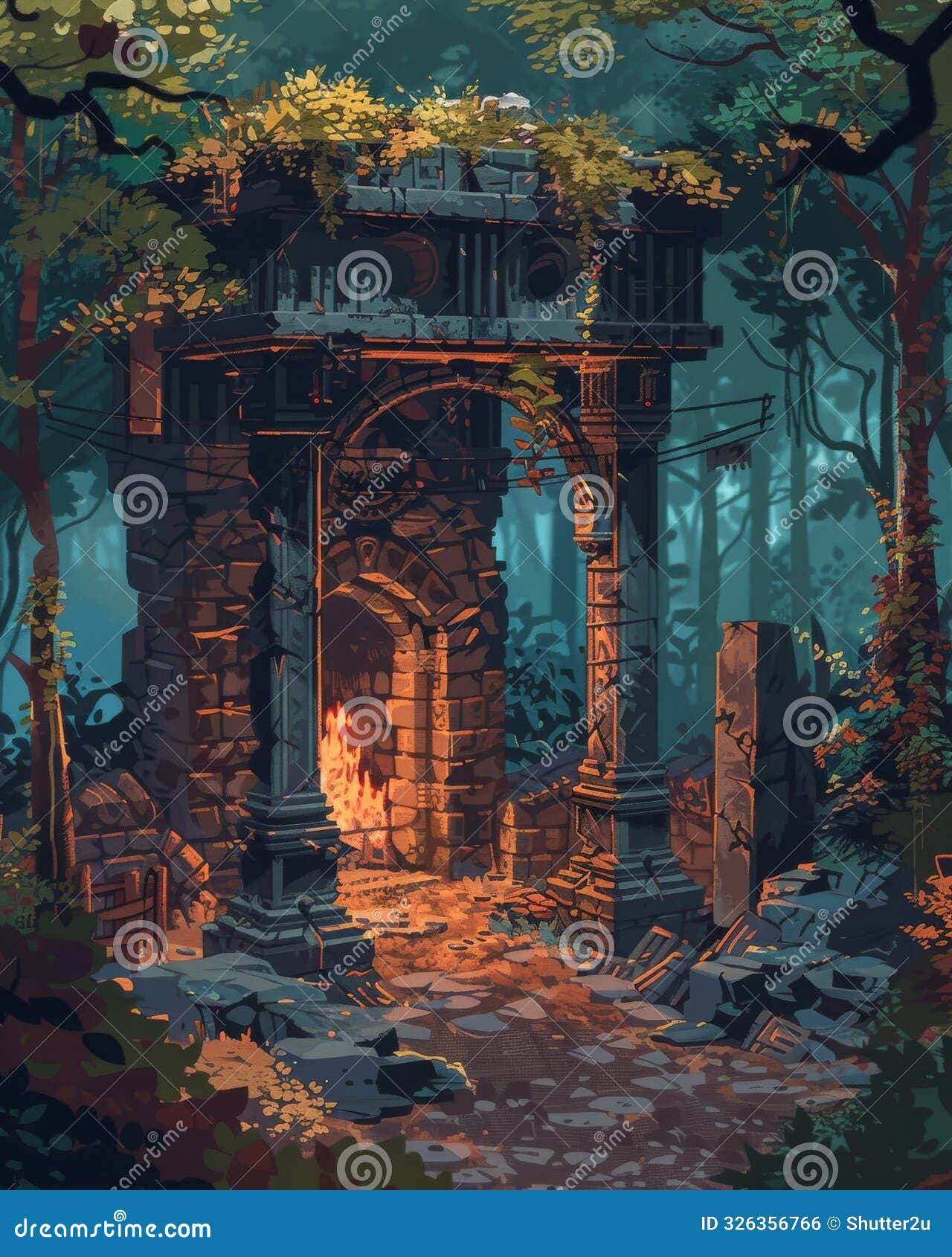 A Mystical Blacksmiths Forge in an Enchanted Forest Stock Illustration ...