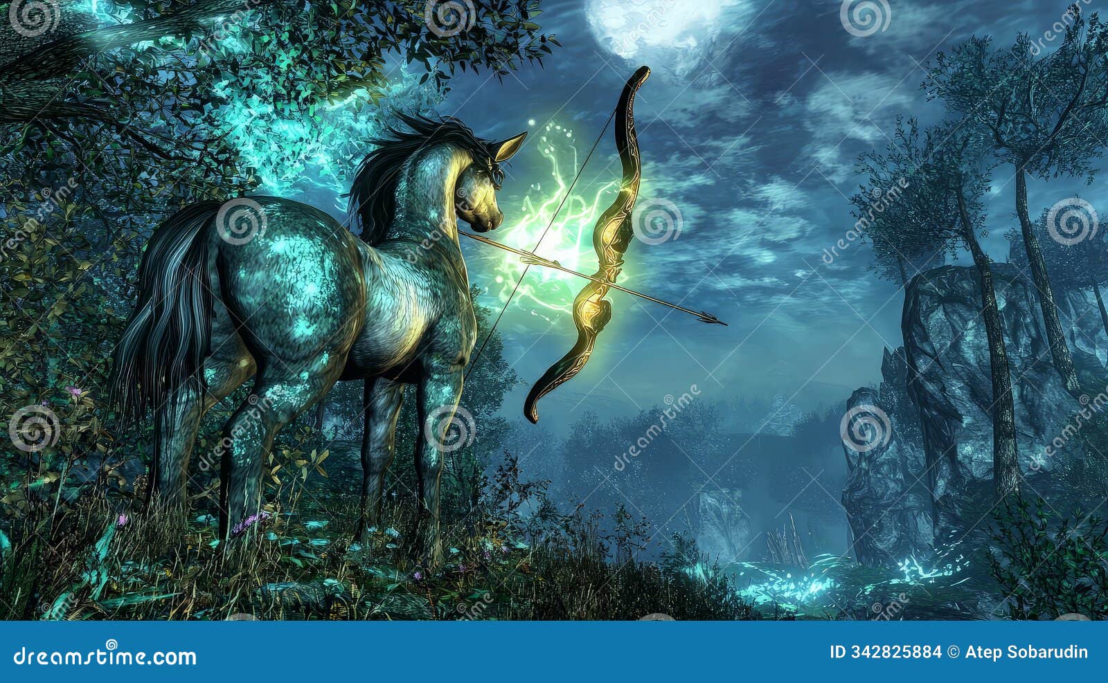 A Mystical Blue Centaur Stands in a Forest at Night, Holding a Glowing ...