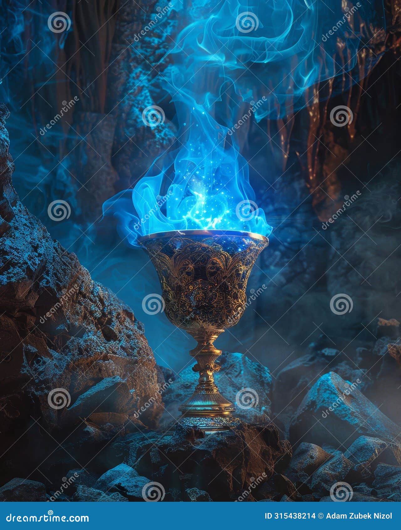 Mystical Blue Flame Emerging from Ornate Chalice in a Dark Enchanted ...