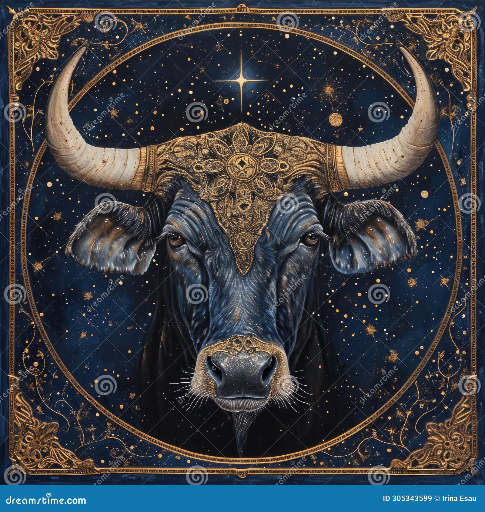 Mystical Bull Portrait with Golden Patterns on a Starry Night ...