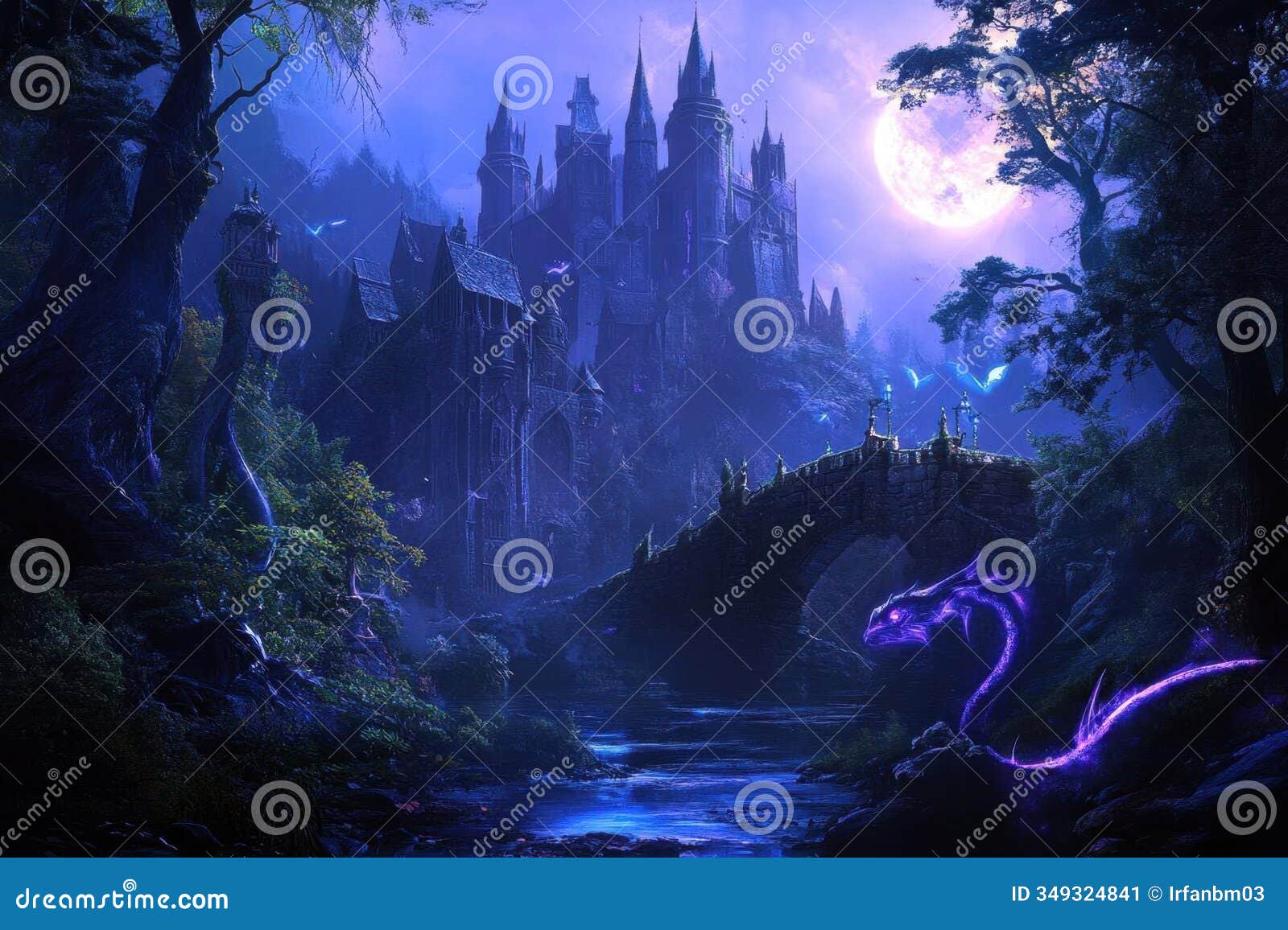 Mystical Castle with a Dragon Guardian Under a Full Moon Stock ...