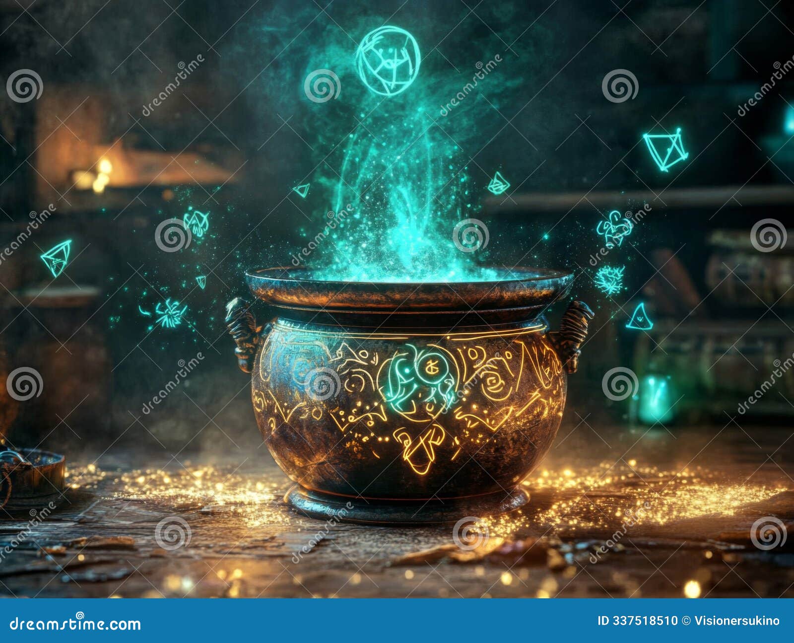 A Mystical Cauldron with Glowing Runes and Magical Smoke Stock ...