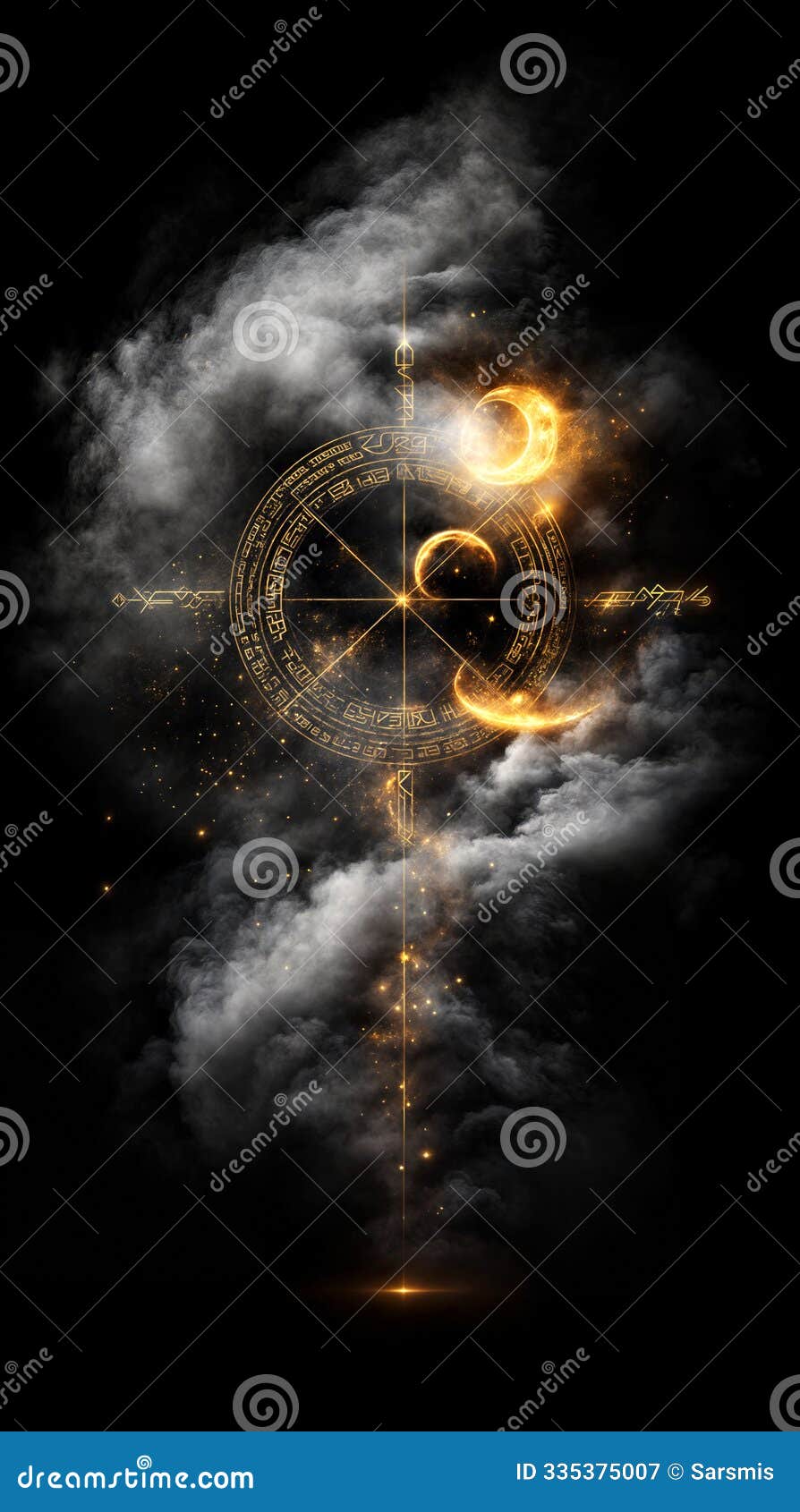 Mystical Celestial Clock with Glowing Sun and Moon Surrounded by Clouds ...