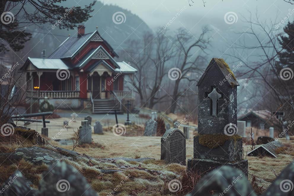 Mystical Cemetery with Vintage Chapel in Foggy Landscape Stock Photo ... Mystical Cemetery with Vintage Chapel in Foggy Landscape Stock Photo ...