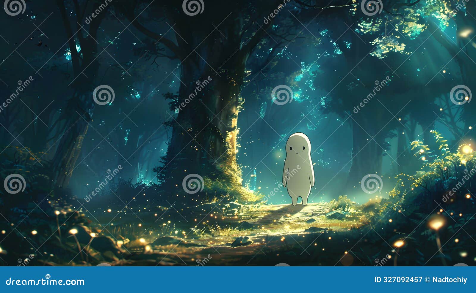 Enchanted Forest with Glowing Lights and Mysterious Creature Stock ...