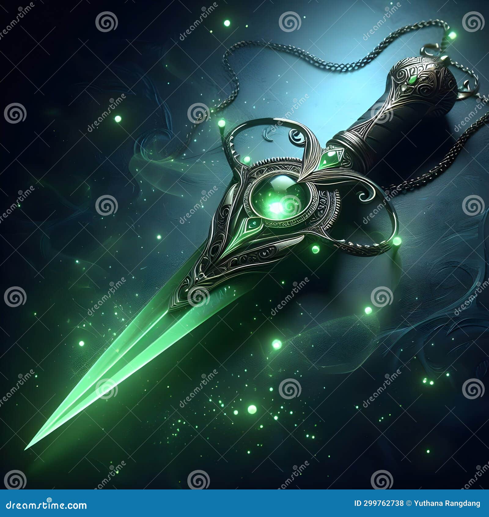 A Mystical Dagger with Green Glow, 3d Render. Stock Illustration ...