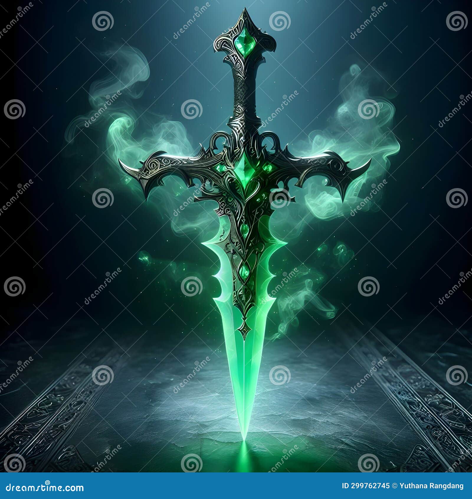 A Mystical Dagger with Green Glow, 3d Render. Stock Illustration ...