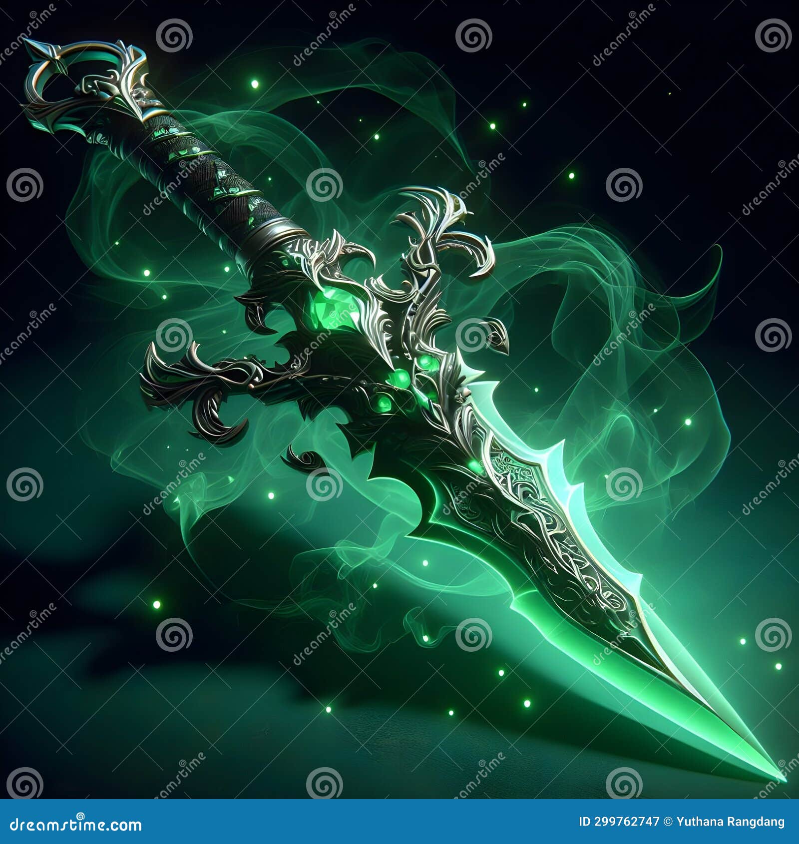 A Mystical Dagger with Green Glow, 3d Render. Stock Illustration ...