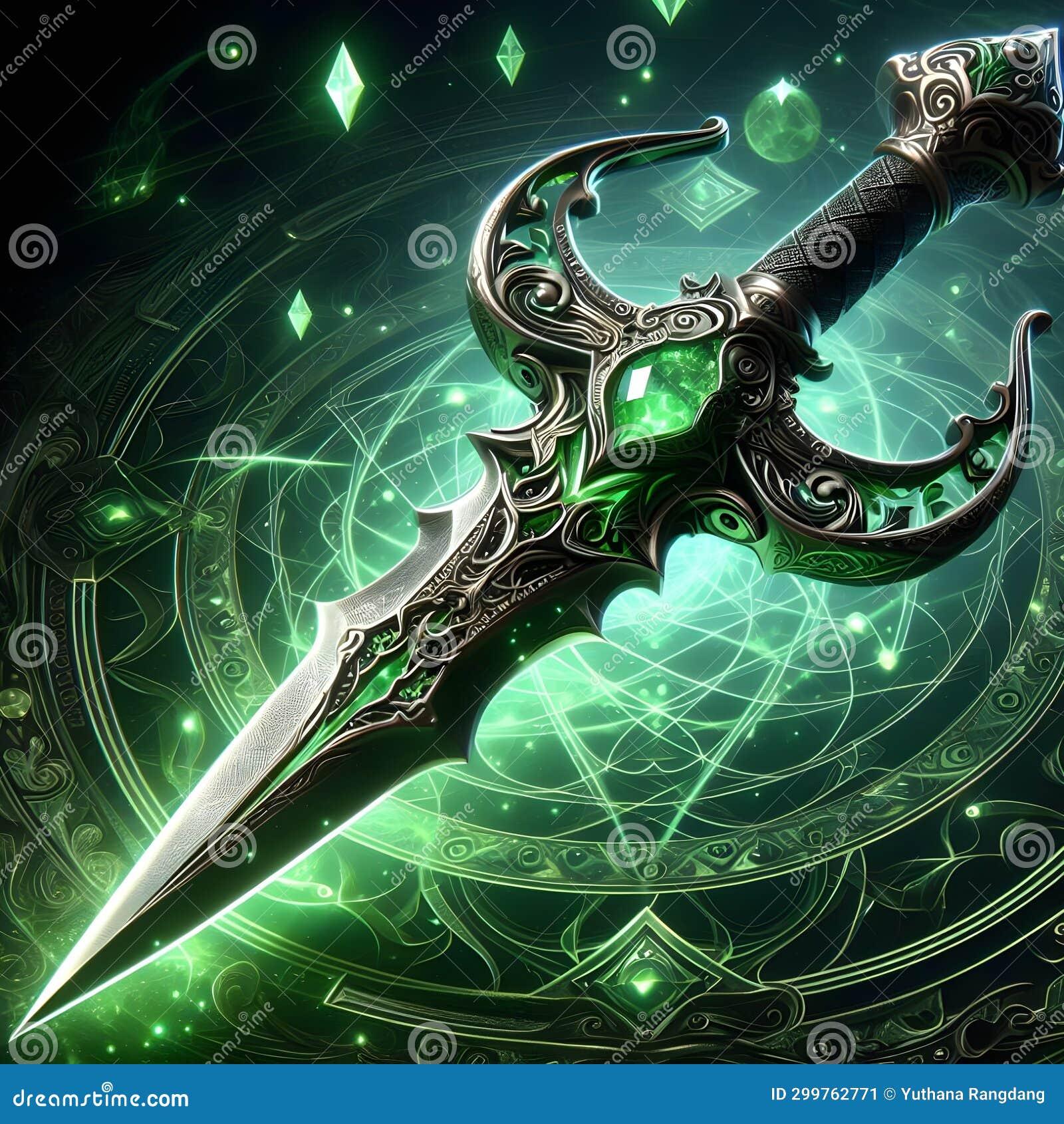 A Mystical Dagger with Green Glow, 3d Render. Stock Illustration - Illustration of background ...