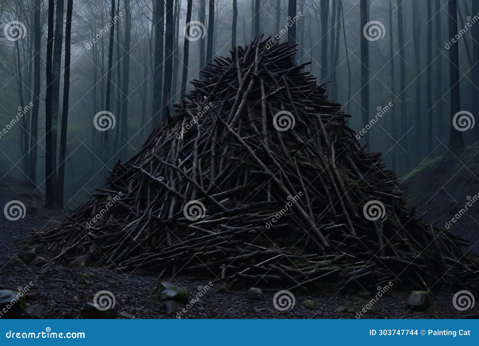 Mystical Dark Forest with a Hut Made of Tree Trunks Stock Illustration ...
