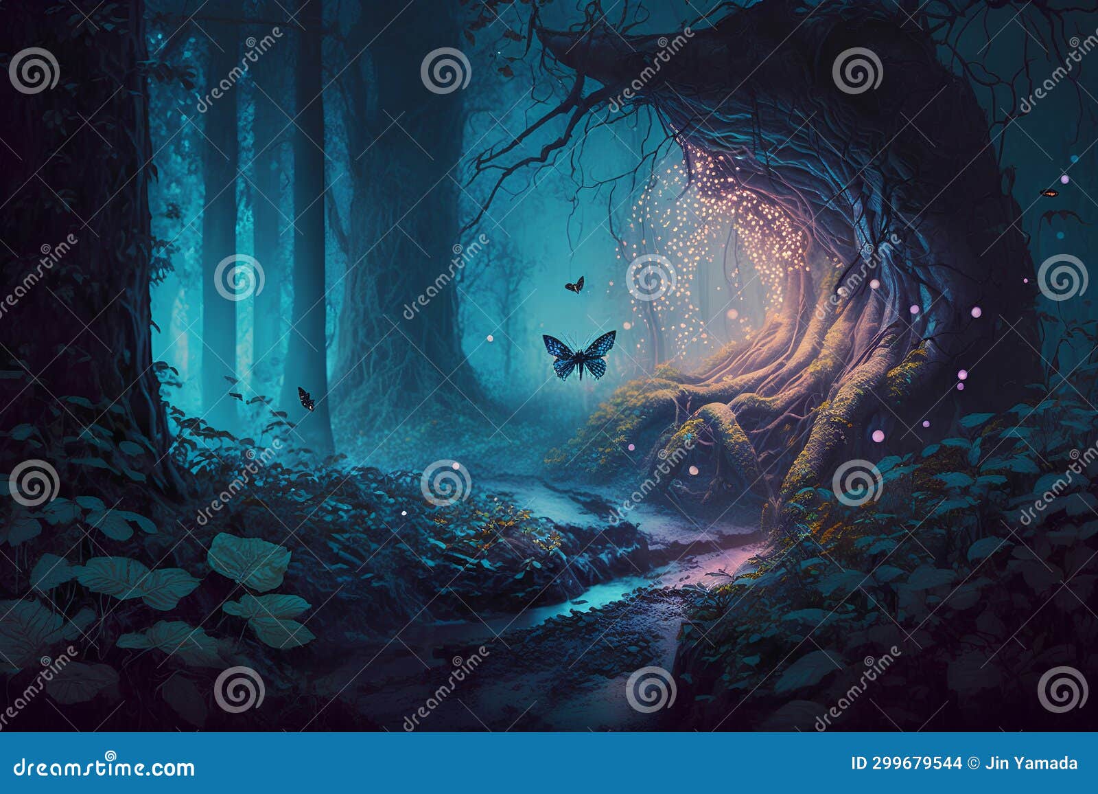 Mystical Dark Forest with Magic Fog, 3d Illustration. Stock ...