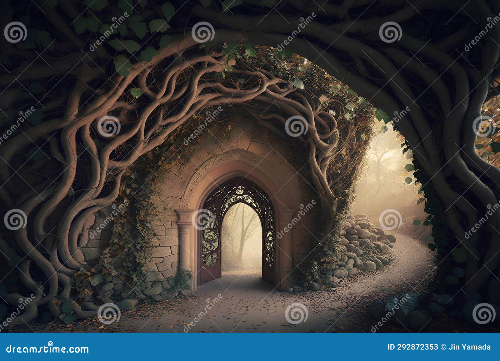 Mystical Door in the Forest. 3d Render Illustration Stock Illustration ...