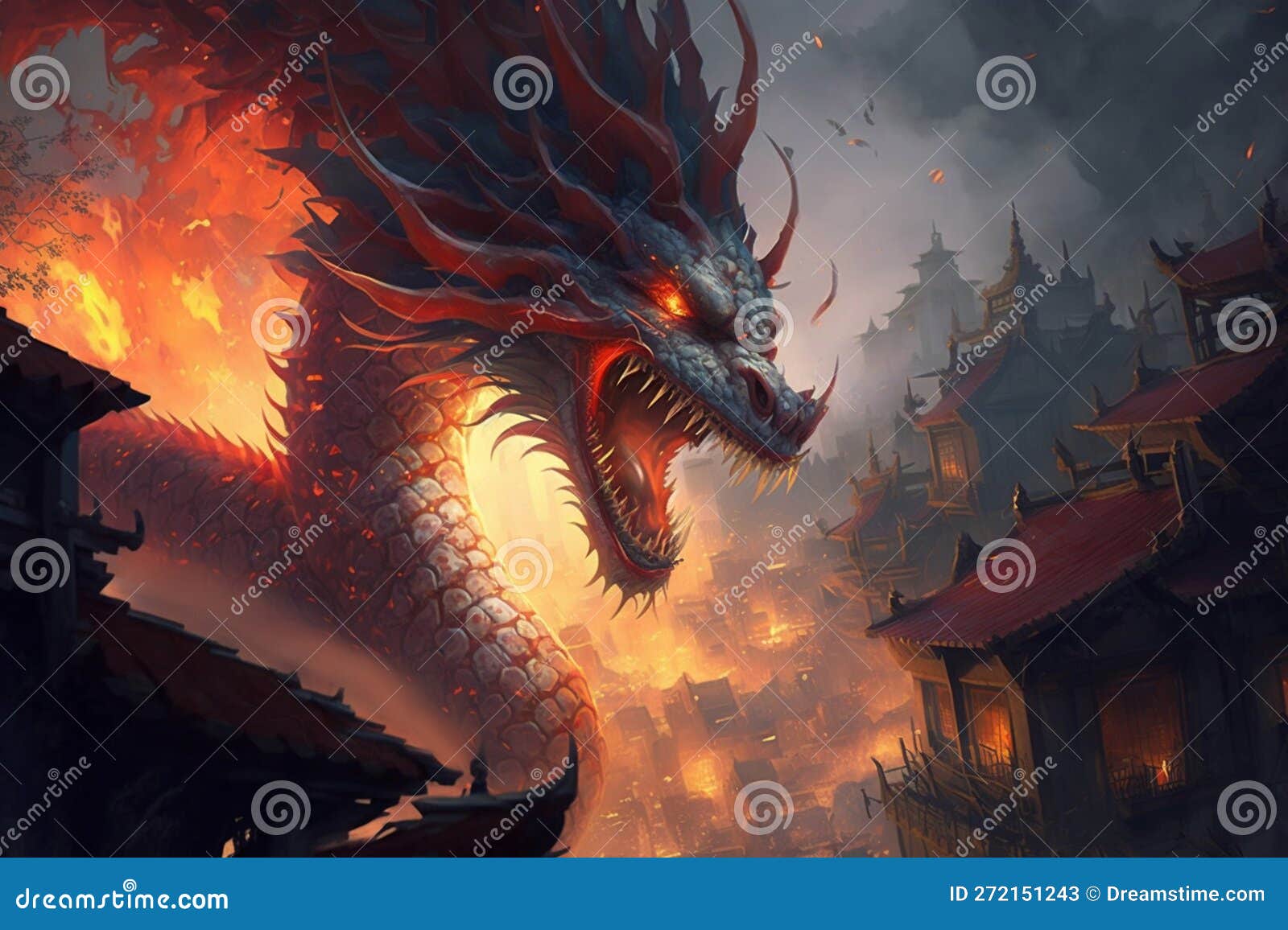 The Mystical Dragon Attacking a Chinese City Engulfed in Flames Stock ...