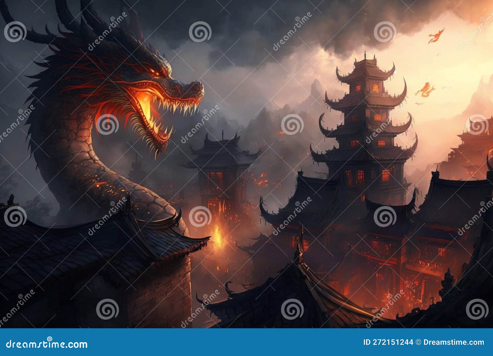 The Mystical Dragon Attacking a Chinese City Engulfed in Flames Stock ...