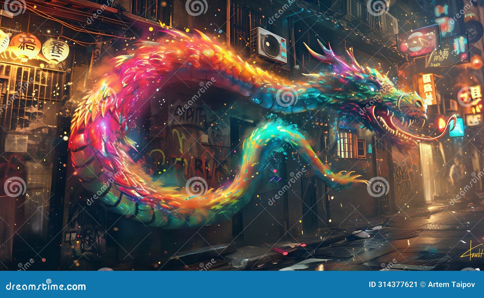 Mystical Dragon Graffiti on City Wall./n Stock Illustration ...