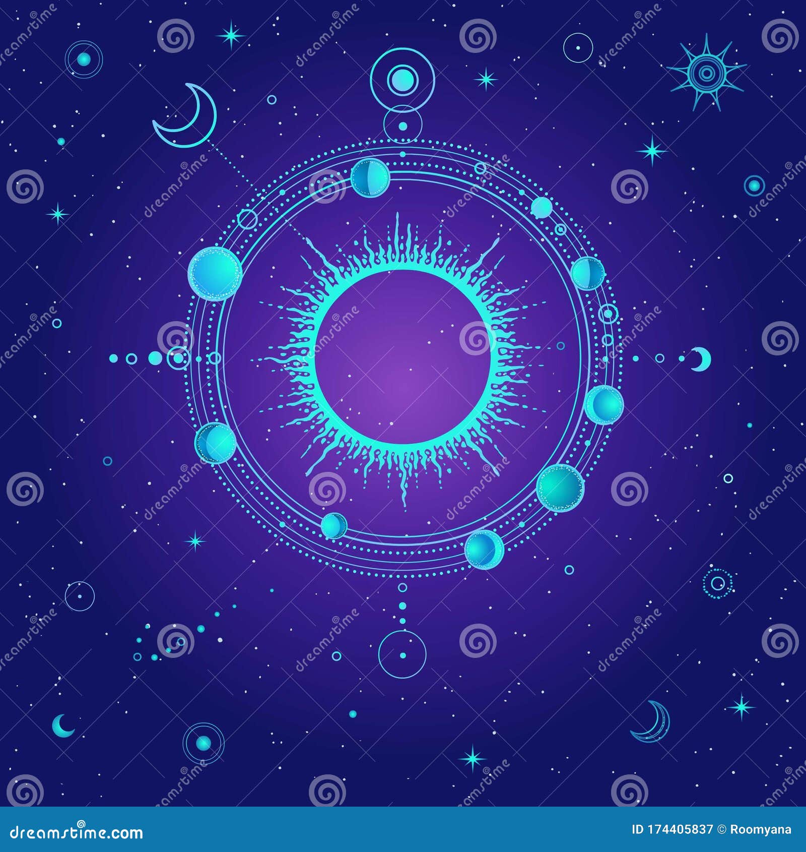 Mystical Drawing: Stylized Solar System, Moon Phases, Orbits of Planets ...