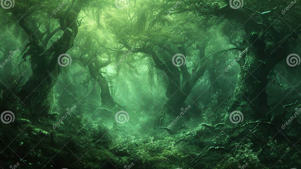 Mystical Emerald Forest Canopy. Deep Green Forest Canopy with Light ...