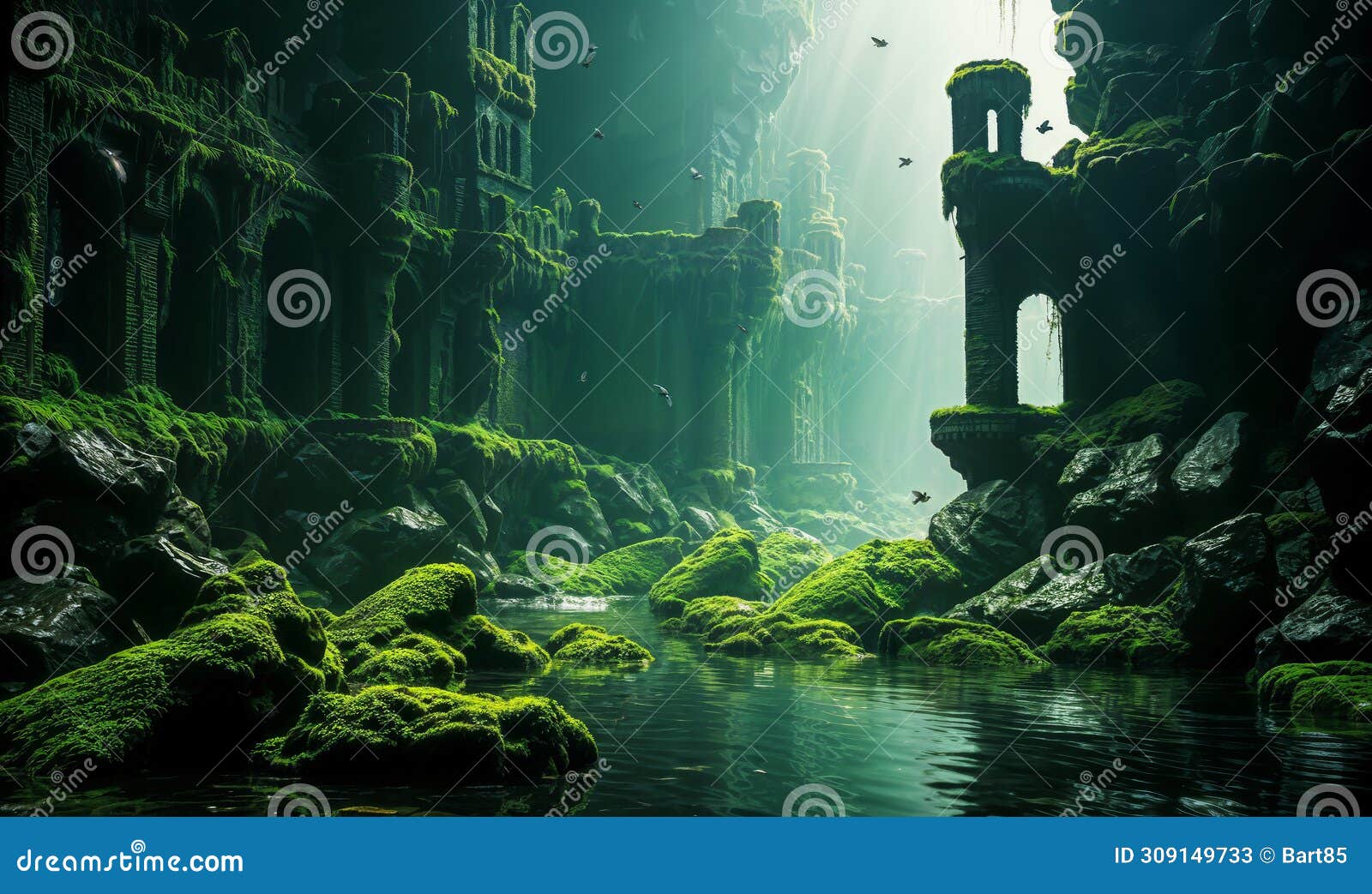 Mystical Fantasy Landscape with Ancient Ruins on Mossy Cliffs, a ...