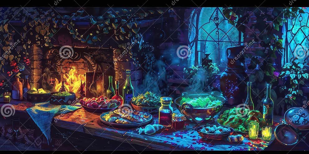 Mystical Feast, a Table Set for Enchantment Stock Illustration ...