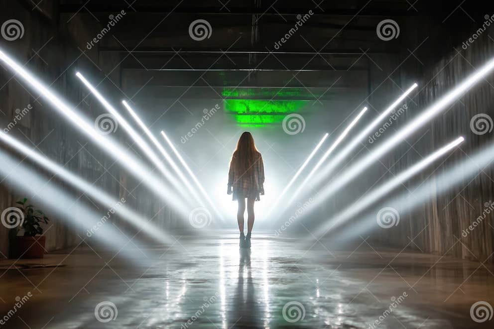 Mystical Female Silhouette in Dark Corridor with Dramatic Light Rays ...
