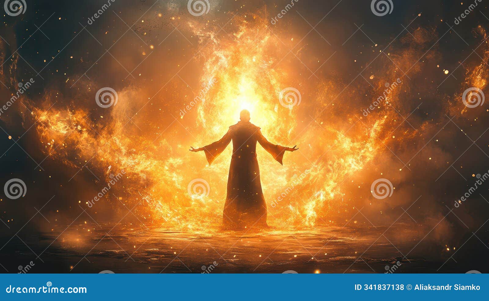 Mystical Figure Summoning Fire Energy in a Magical Setting Stock ...