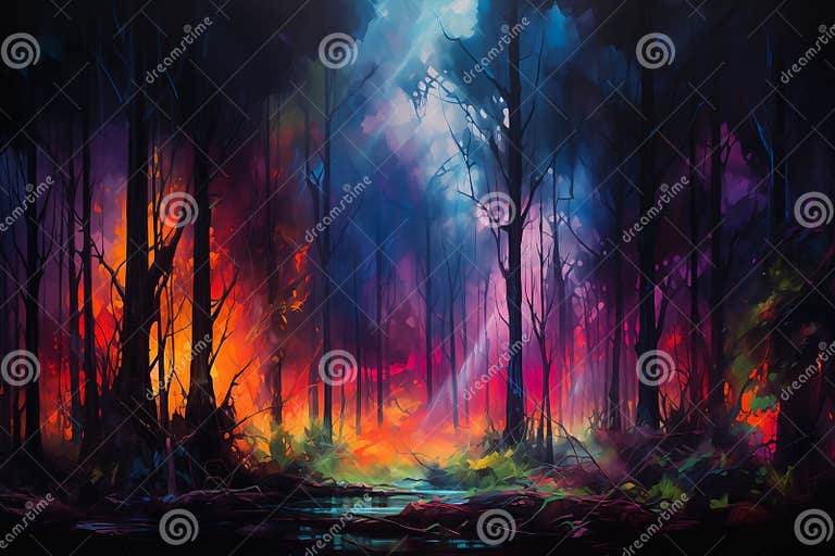 Mystical Flames: the Mesmerizing Glow of a Fire-Lit Forest Strea Stock ...