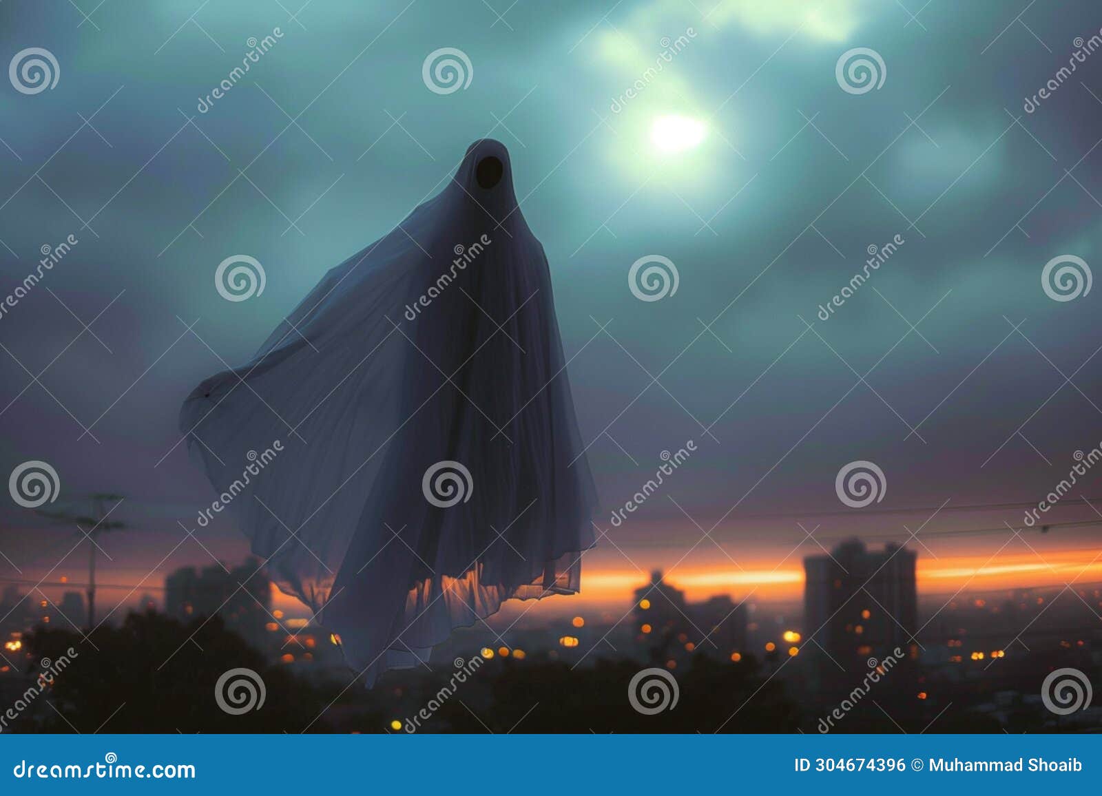 Mystical Flight Ghost Sheet Soars in Dusk Sky, City Lights Stock ...