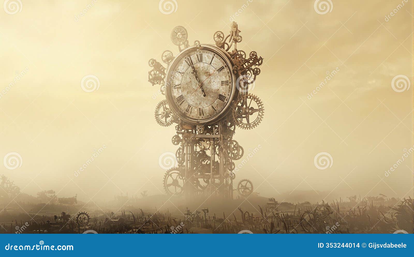 Mystical Floating Clock Tower in Golden Sky Stock Illustration ...