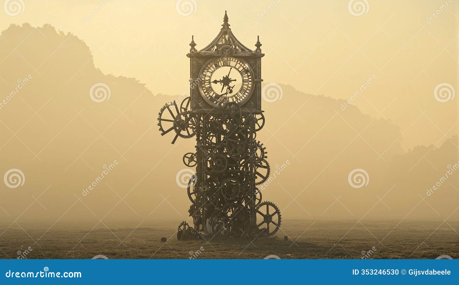 Mystical Floating Clock Tower in Golden Sky Stock Illustration ...