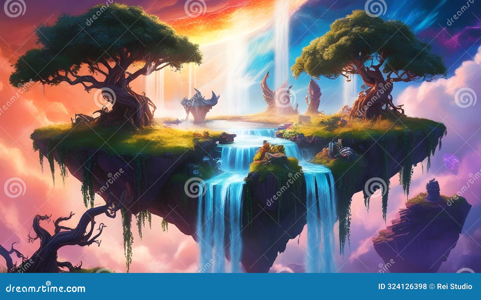 Mystical Floating Clock Tower In Golden Sky Stock Photography ...