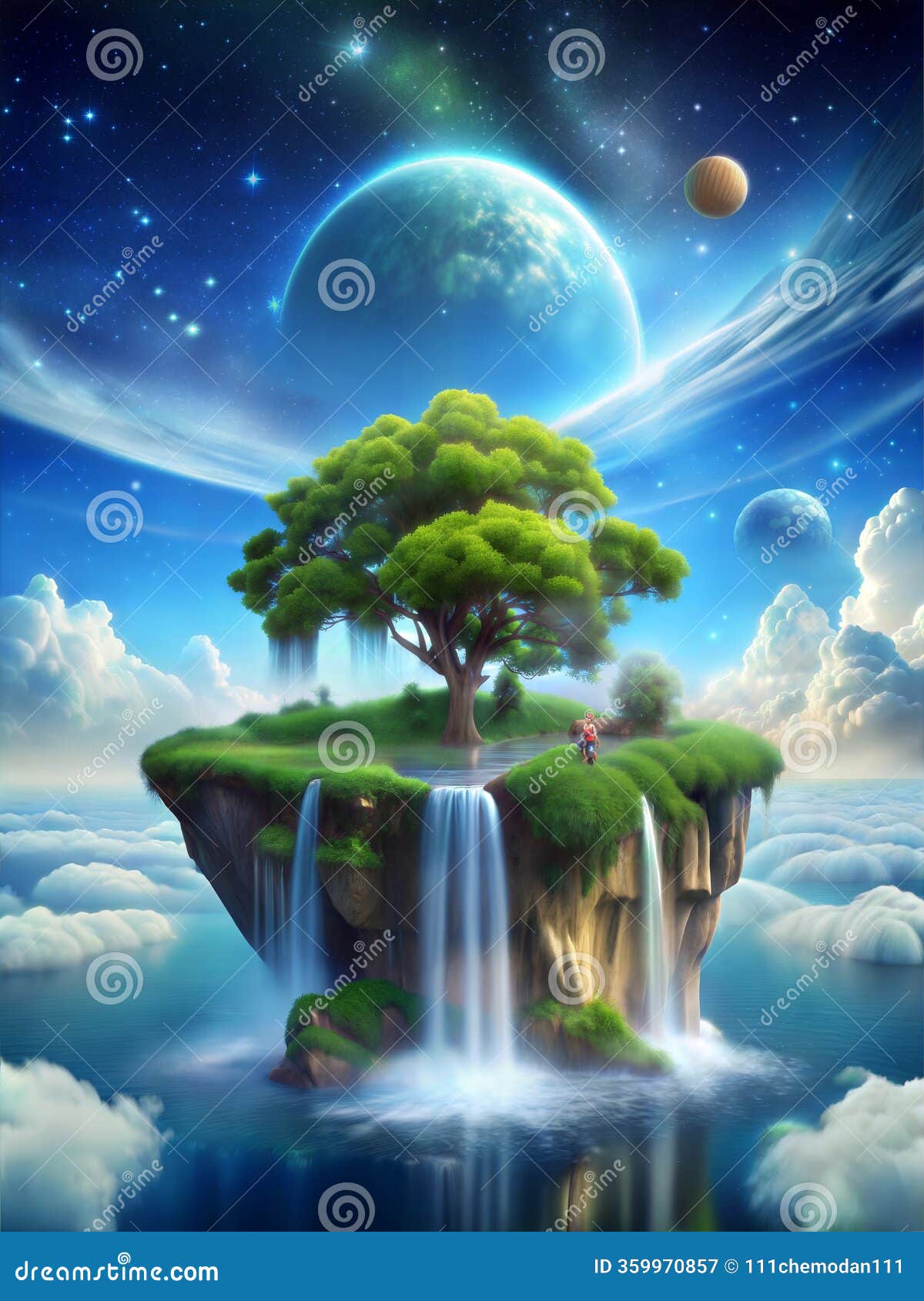 Mystical Floating Island With Waterfall And Tree In Space With Planets ...