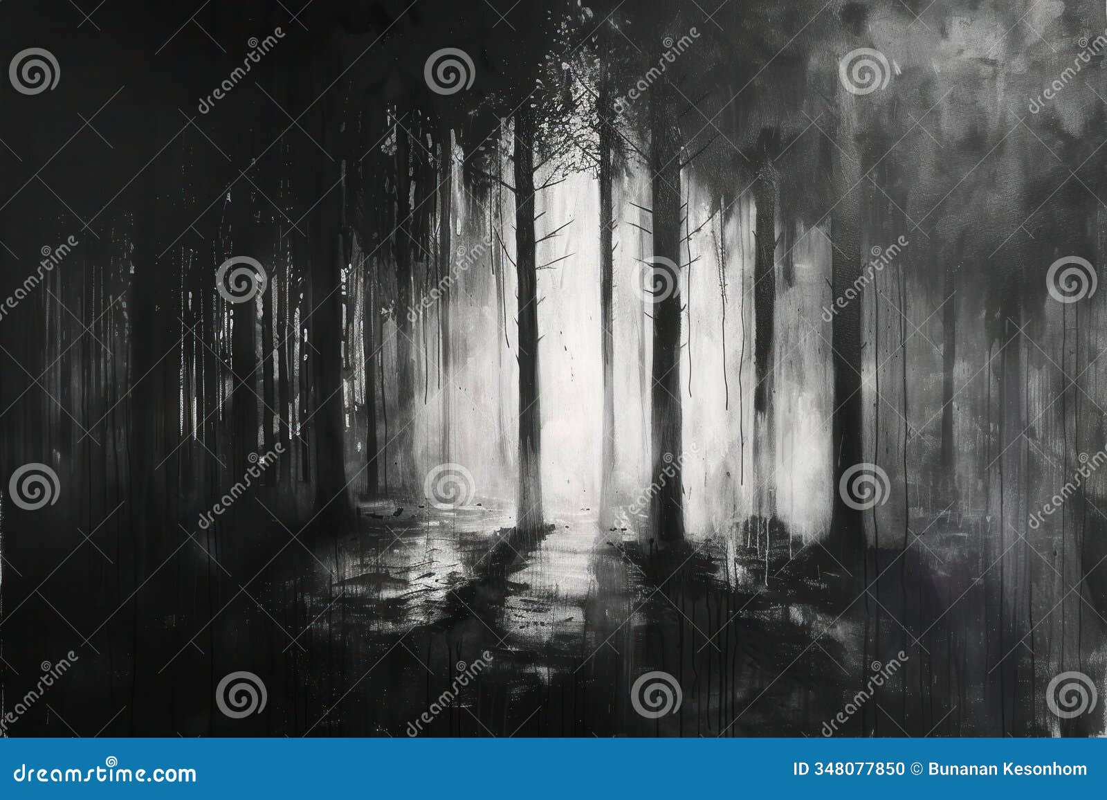 Mystical Foggy Forest in Black and White Stock Illustration ...