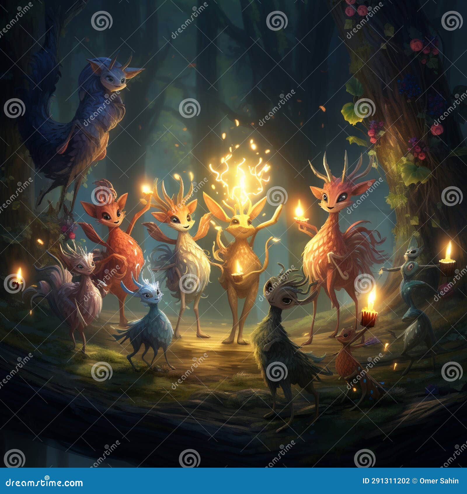 Mystical Forest Creatures in Moonlit Clearing Stock Illustration ...