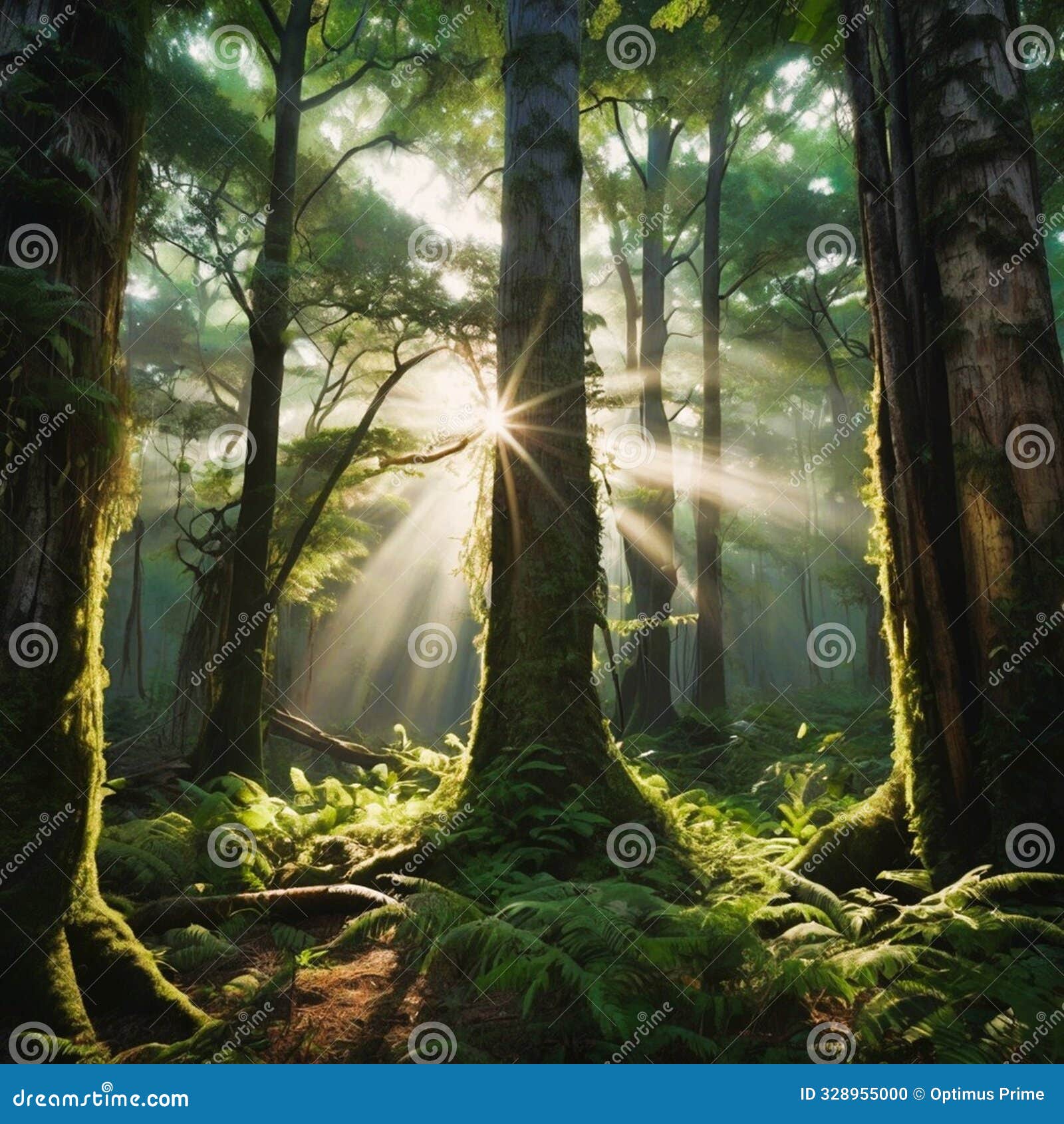 A Mystical Forest at Dawn with Ethereal Light and Ancient Trees. Stock ...