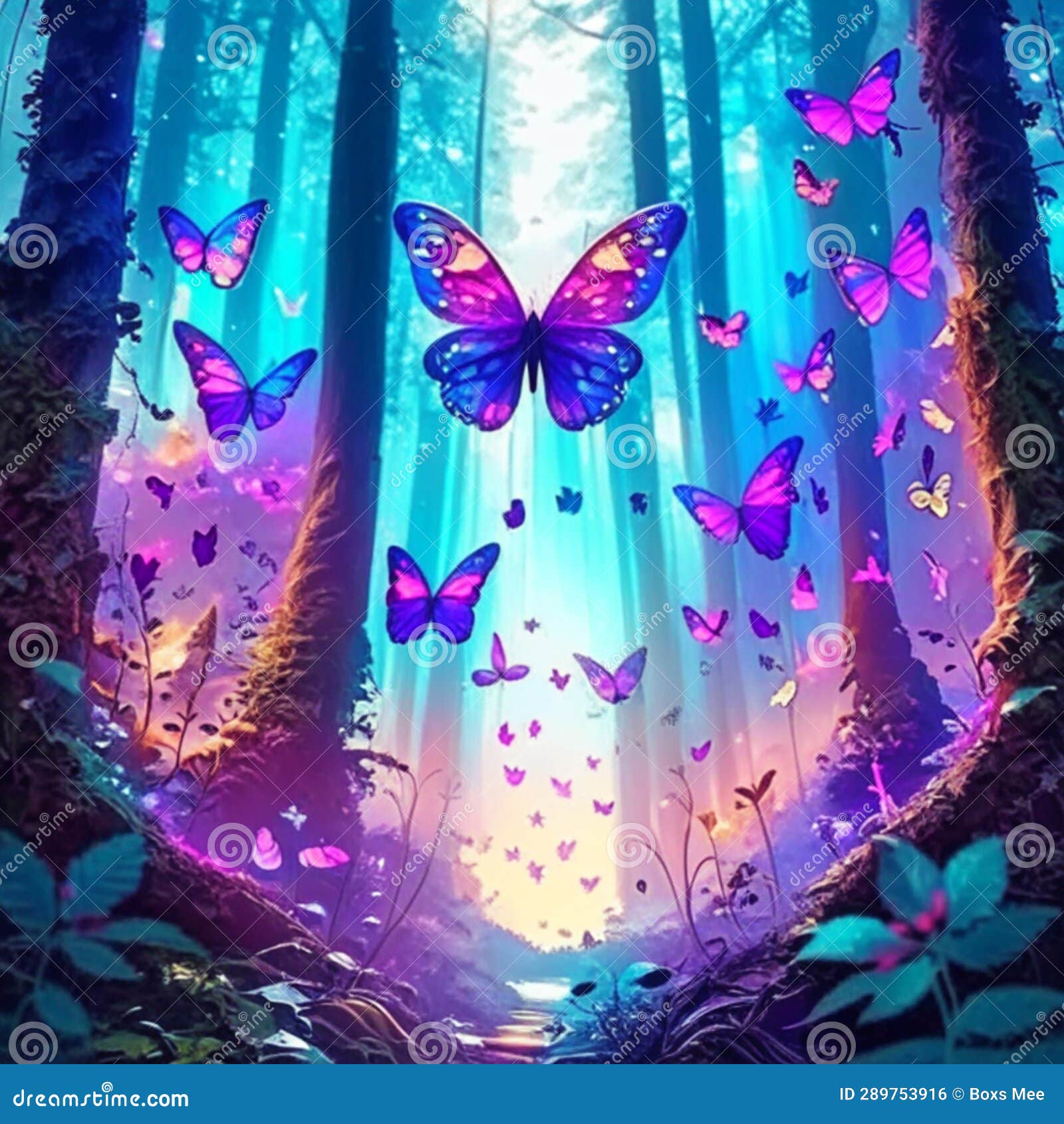 Mystical Forest with Magic Butterflies, 3d Rendering. Computer Digital ...