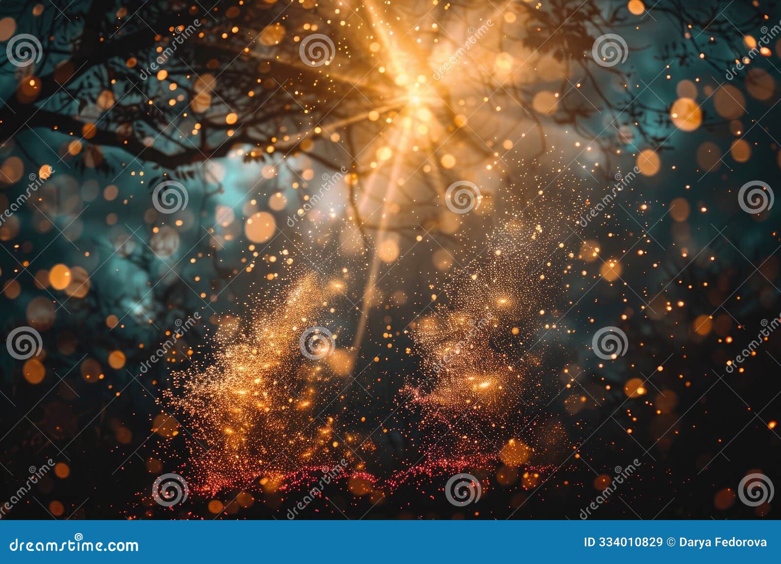 Mystical Forest with Magical Light Beams and Glowing Particles at Dawn ...
